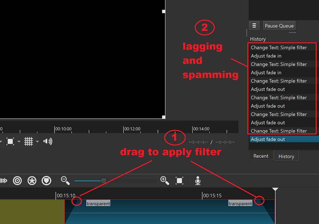 Text fade in/fade out filter spam to history and lagging - Bug - Shotcut Forum